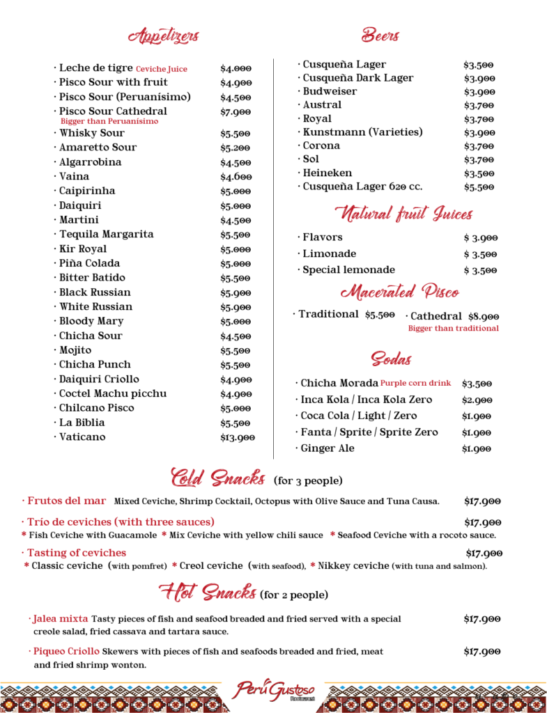 OUR MENU – RESTAURANT PERU GUSTOSO